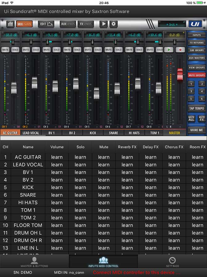 Soundcraft Ui MIDI controlled MIXER app for iOS